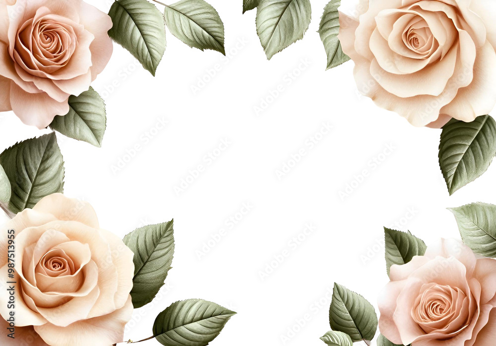 Vintage frame with white roses banner. Pastel rose flowers in vintage ...