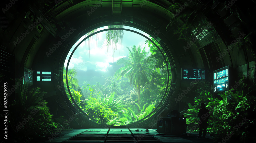 Scientists conducting research on a tropical island, vibrant green ...