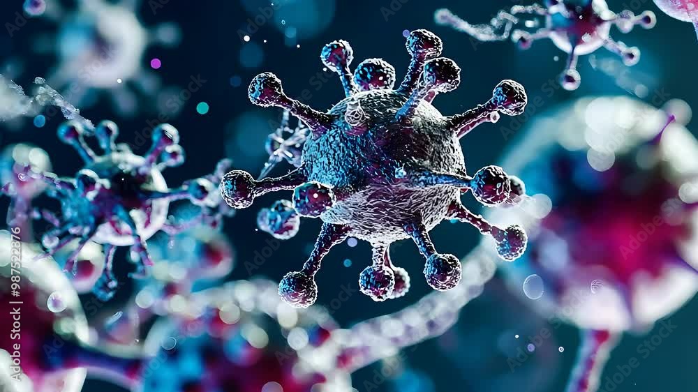 Microscopic view of virus particles floating in liquid, depicting viral ...