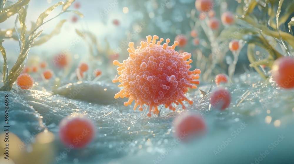 3D model of a cancer cell surrounded by healthy cells, emphasizing the ...