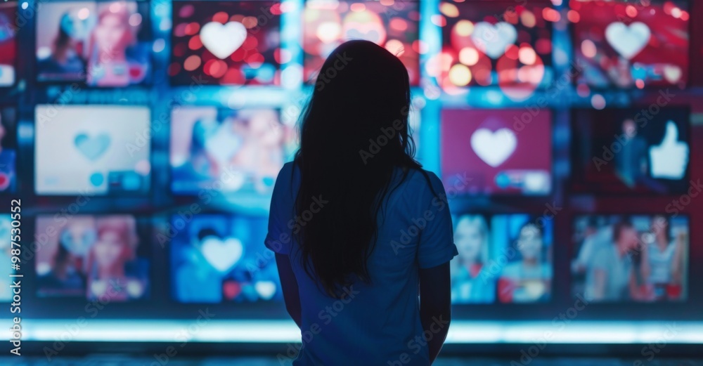 Backview Of Caucasian Woman Connecting To Animated Stream Of Content