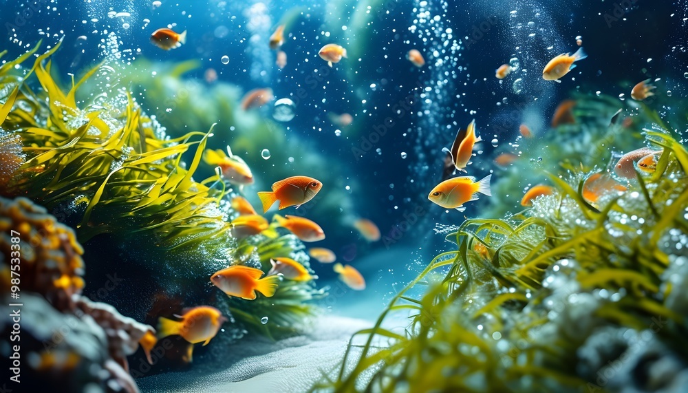 Vibrant underwater tableau of fish navigating through lush sea plants ...