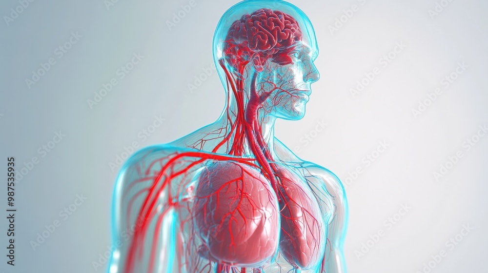 Human circulatory system illustration overlaid on a transparent body ...