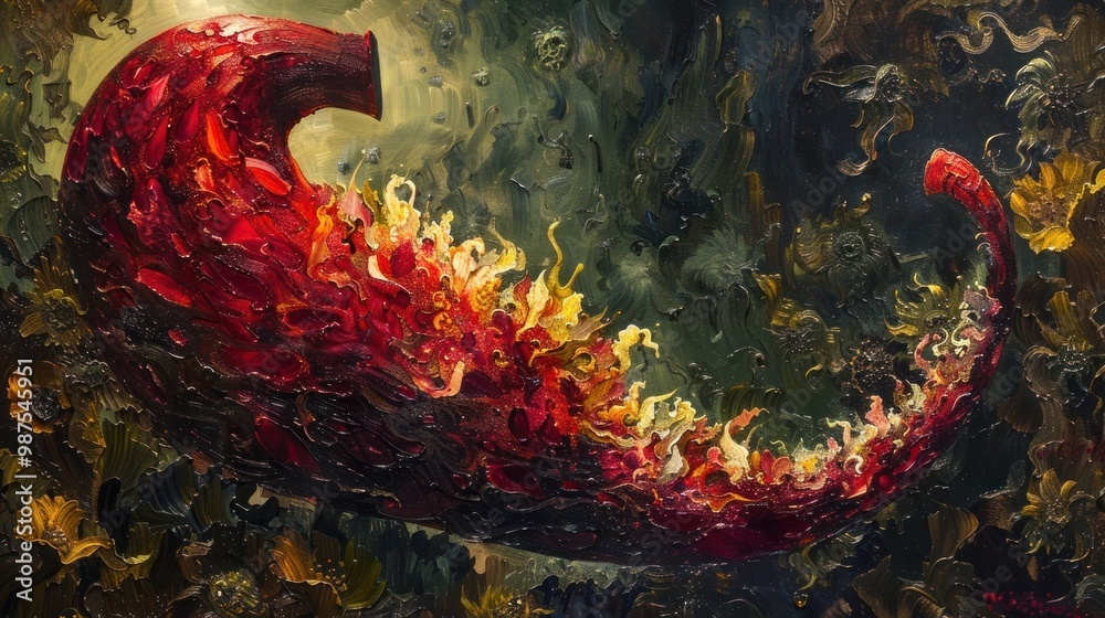 Fierce and mythical dragon like creature erupting in a blaze of fire ...