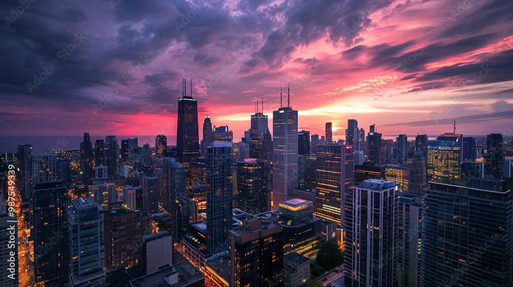 Aerial view of a city skyline at sunset – high-rise buildings with ...