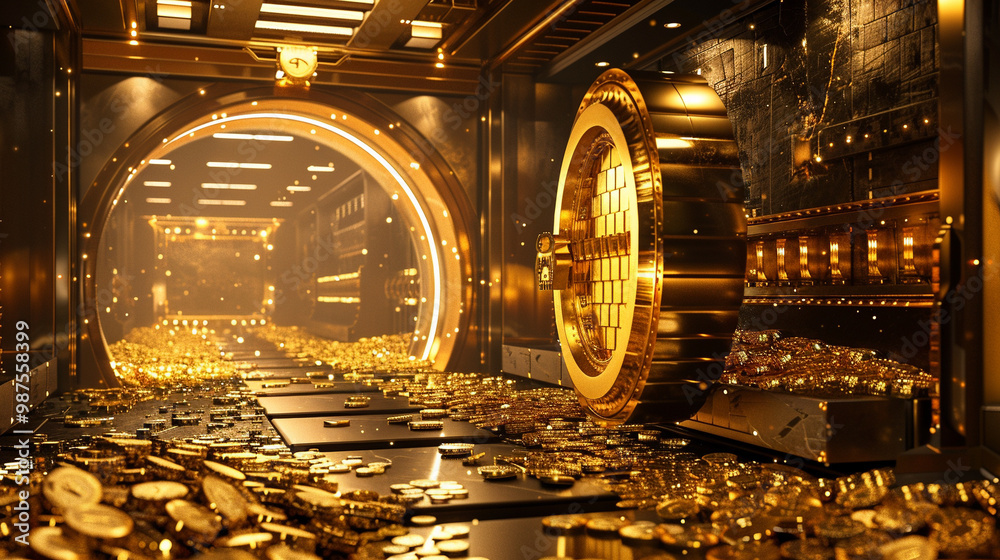 Safe full of gold – open vault with gleaming gold bars and coins inside ...