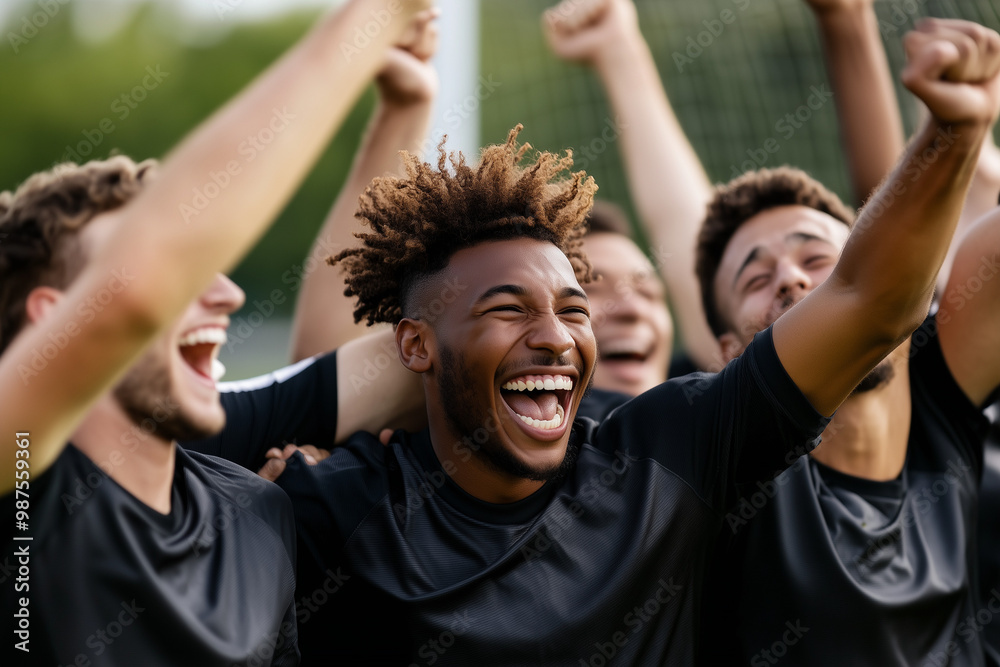 A diverse soccer team joyfully celebrating after scoring a winning goal ...