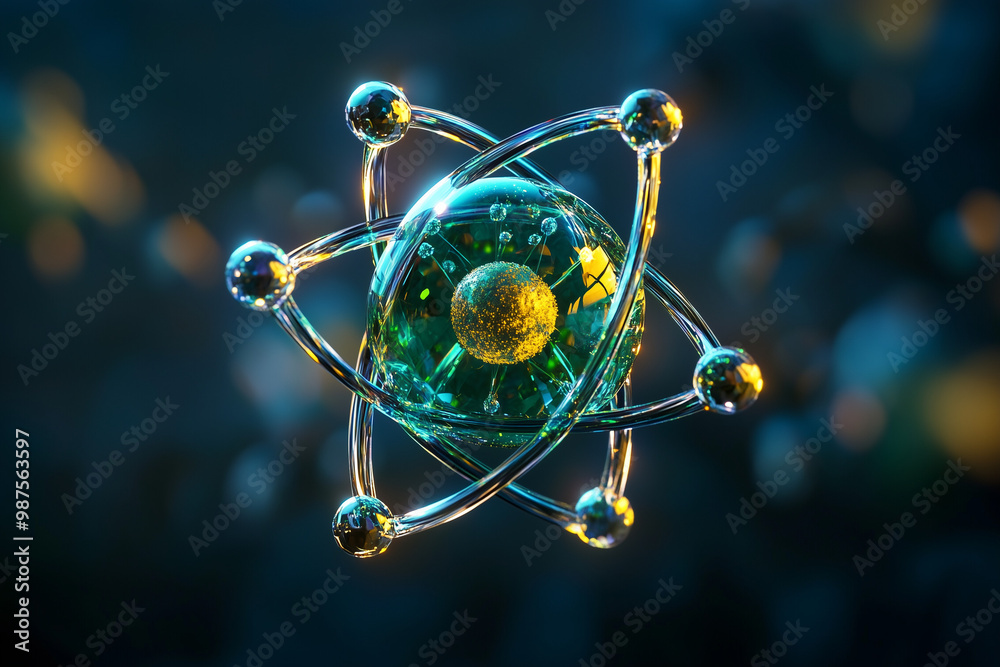 3D rendering of an atom with a nucleus at the center and electrons ...