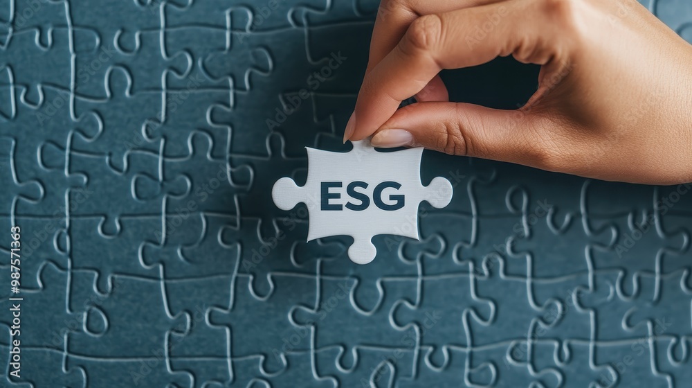 Close up of a hand placing a jigsaw puzzle piece labeled ESG ...