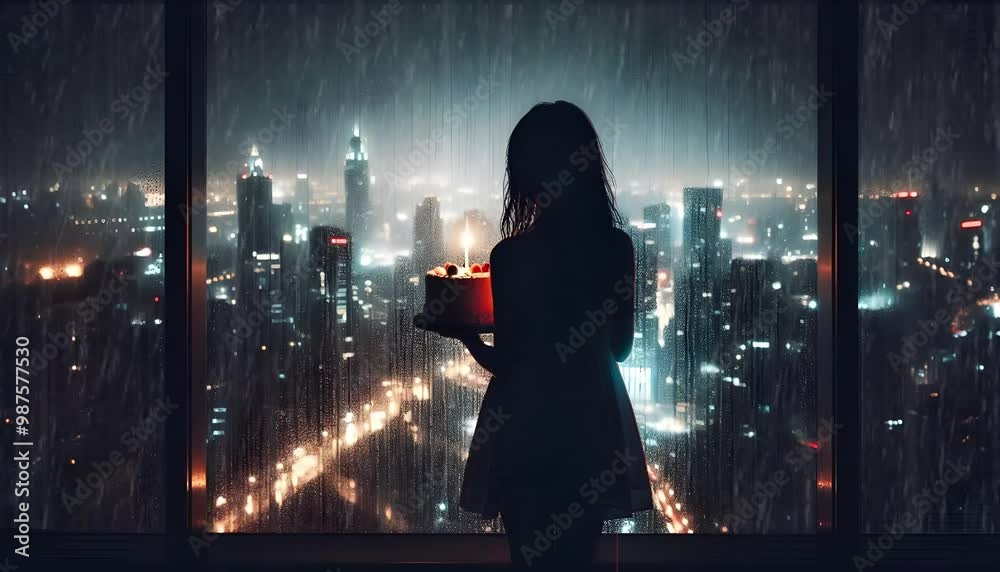 Girl with Cake in the Rain Night Animation Loop - Animated loop of a ...