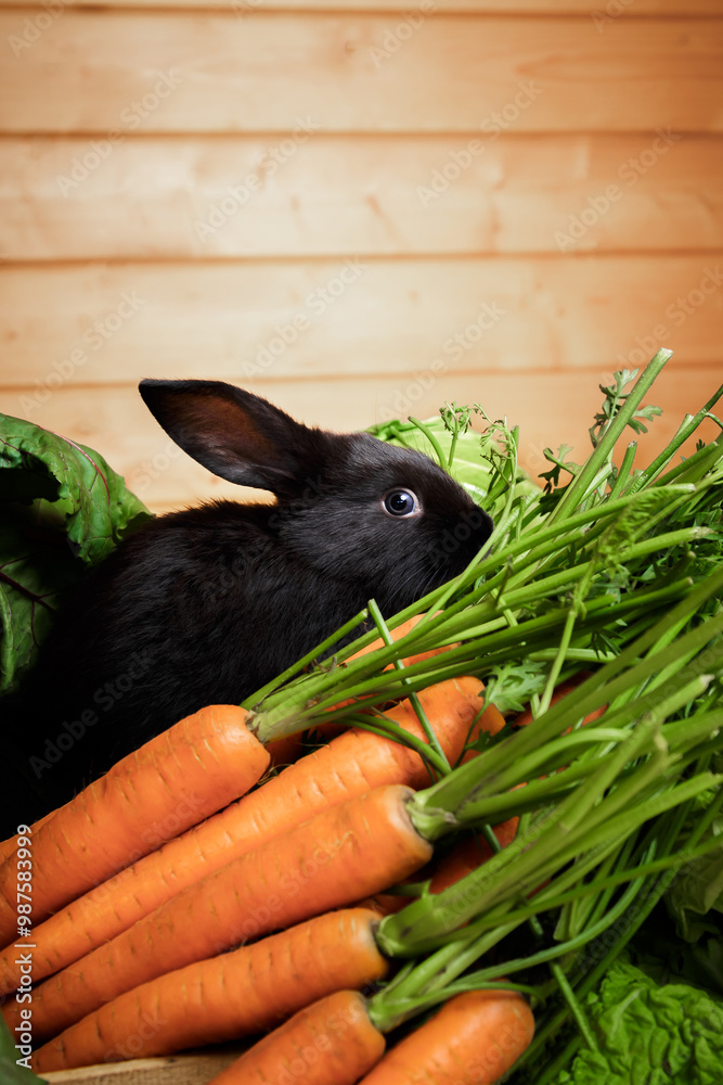 Little black rabbit sits on carrots. Fresh harvest. Farm market. Bunny ...