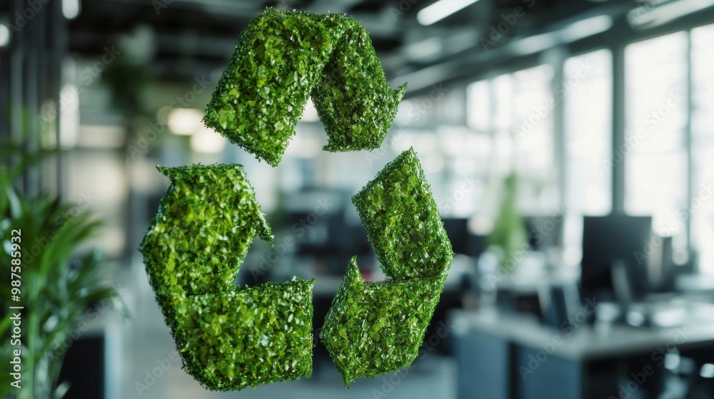 Green recycle symbol icon sign with professional environment background ...