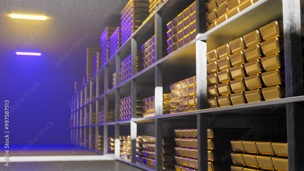 Generic gold reserve vault with stacks of gold bars. Bank vault with gold and cash. 3d rendering ...