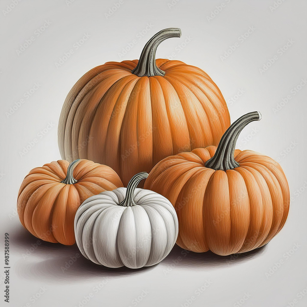 realistic pumpkin of different sizes and shapes, placed on a pure white ...
