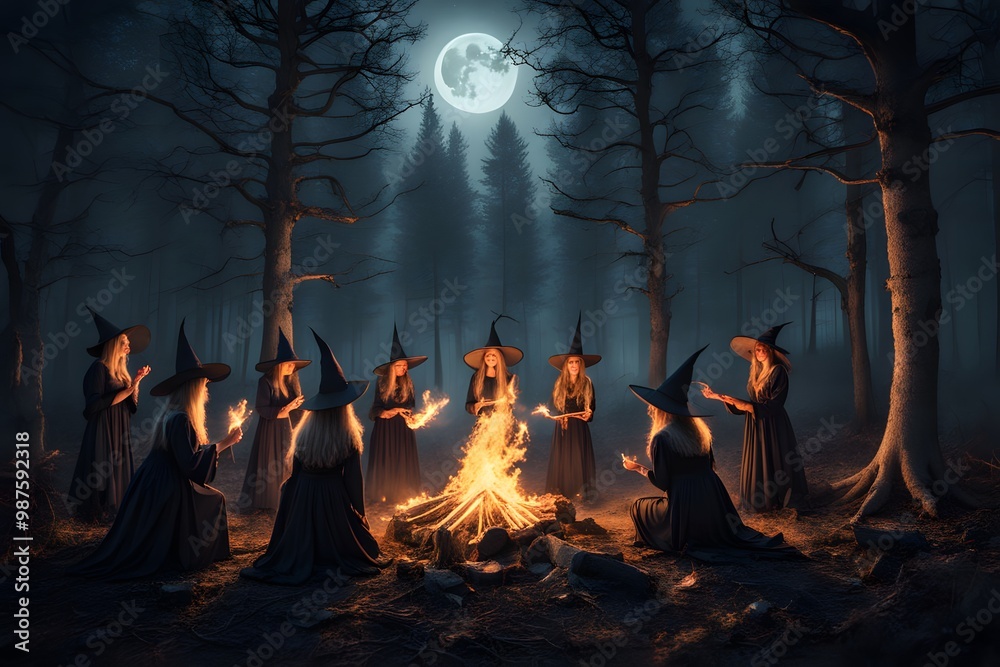 A group of witches casting a spell around a glowing fire in a deep ...