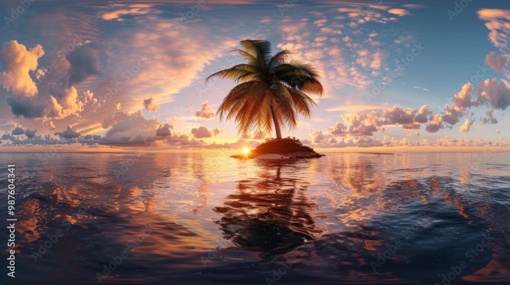 Stunning tropical island sunset with palm tree in vibrant panorama view ...