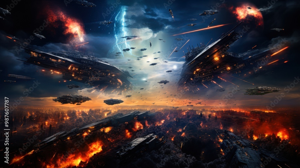 A dramatic scene of a large-scale space battle featuring massive ...