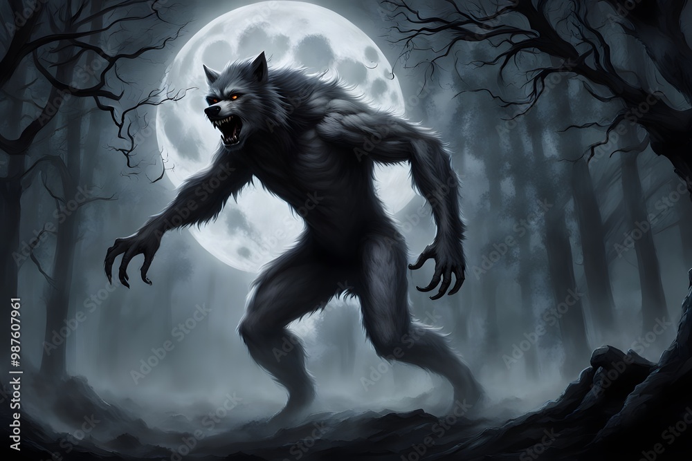 Photo & Art Print A werewolf transforming under a full moon surrounded ...