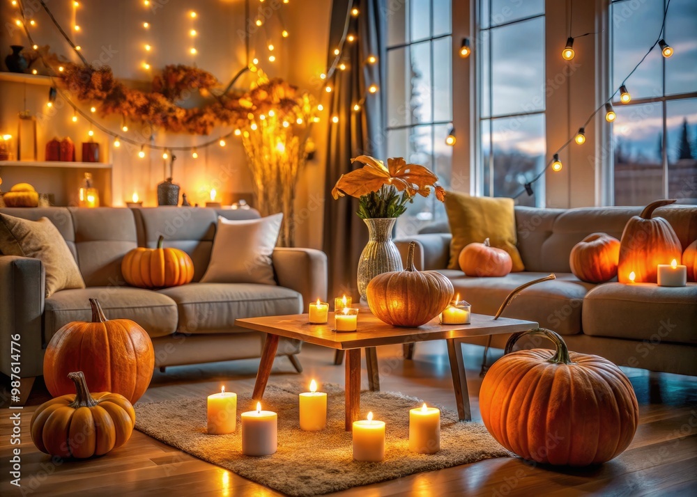 Spooky seasonal decorations adorn a modern living room, featuring an ...