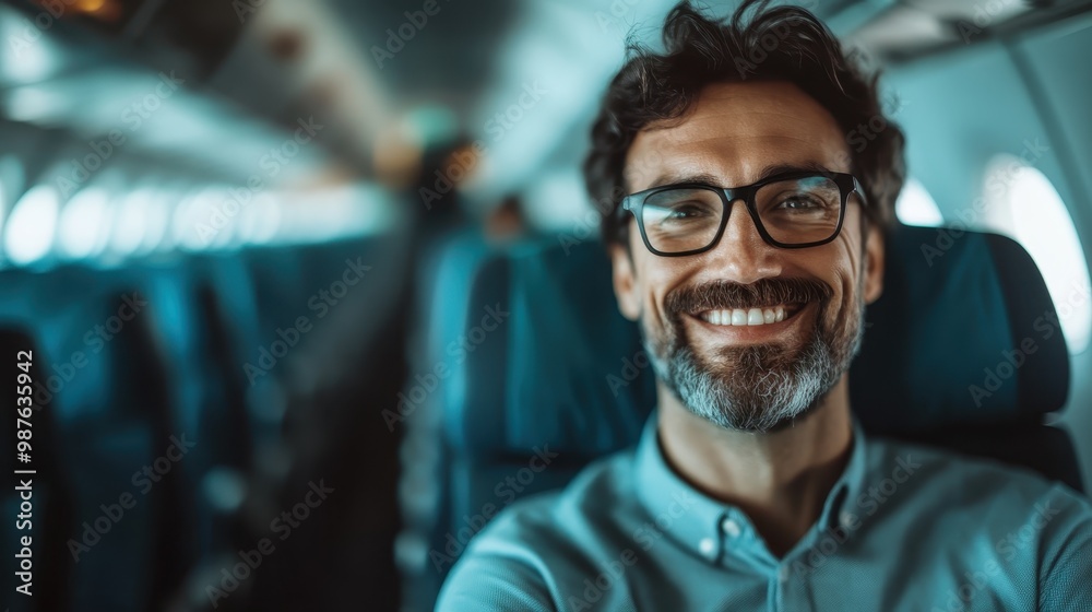 A man with glasses is smiling while seated on an airplane, portraying a ...
