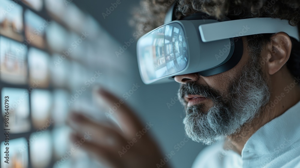 An individual interacts with an immersive virtual reality display ...
