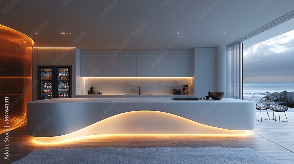 A futuristic kitchen with sleek white cabinets, smart fridge displays ...