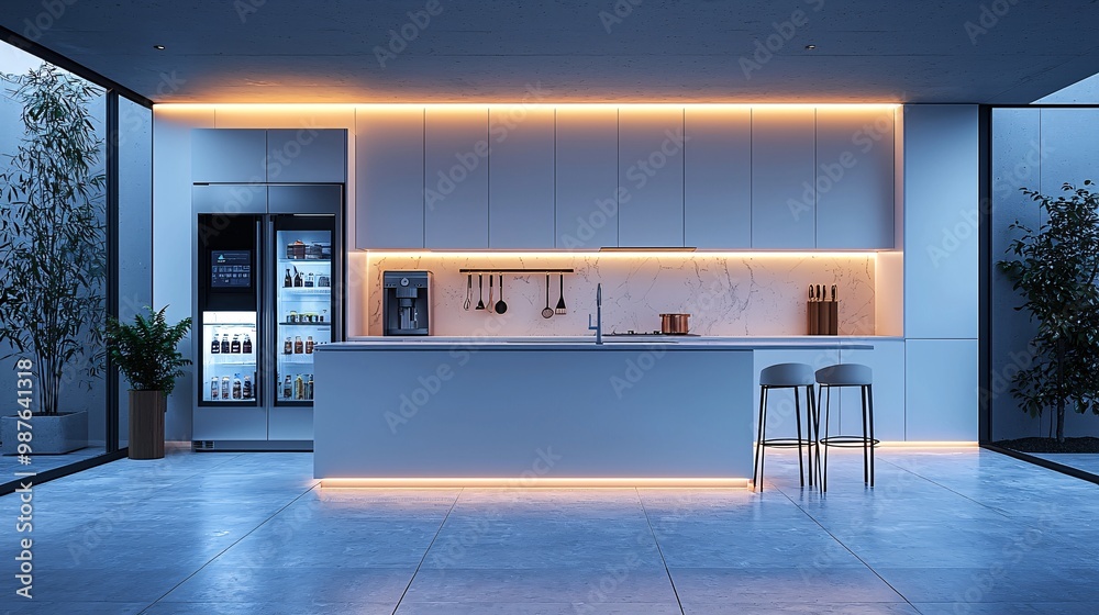 A futuristic kitchen with sleek white cabinets, smart fridge displays ...