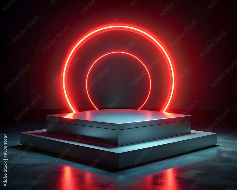 neon red glow surrounding a sleek, modern podium 3d stage Design Stock ...