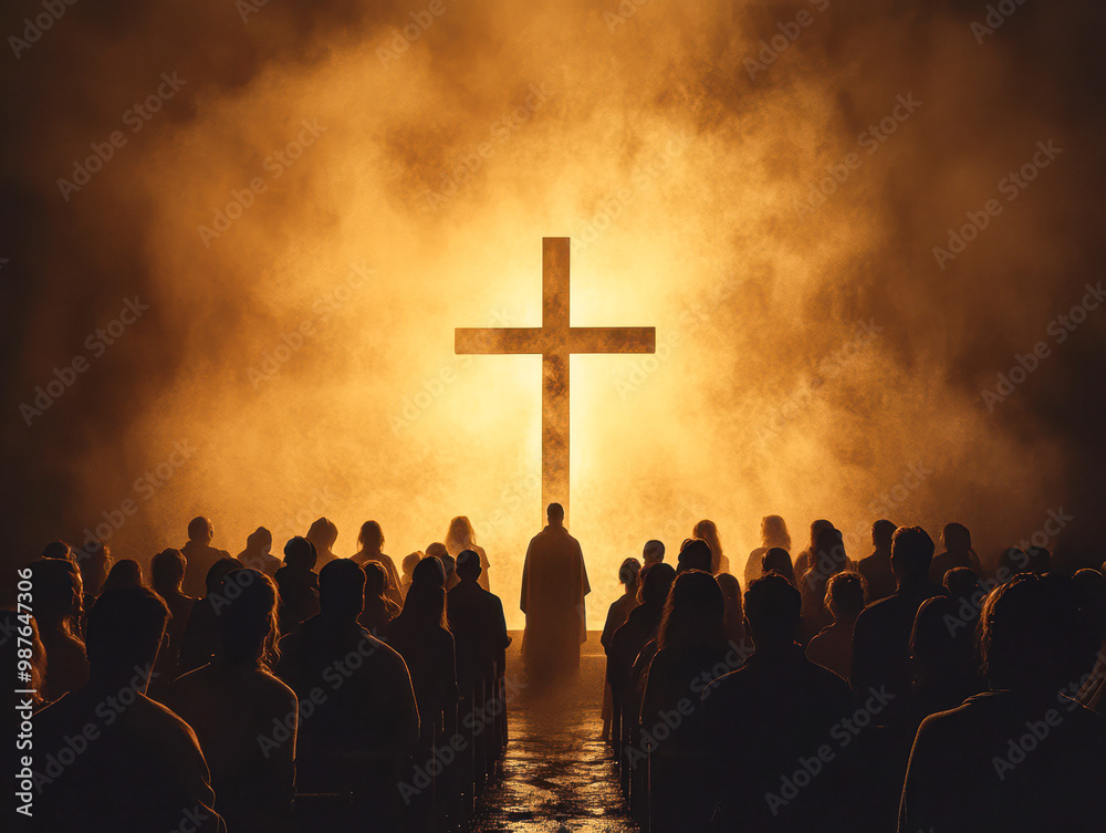 Serene Christian Worshipers in Prayer Before Cross, Symbol of Faith in ...