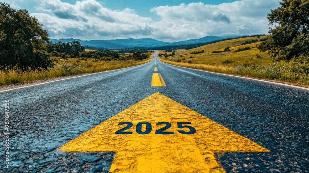 Empty highway with "2025" marking and an arrow pointing toward the ...