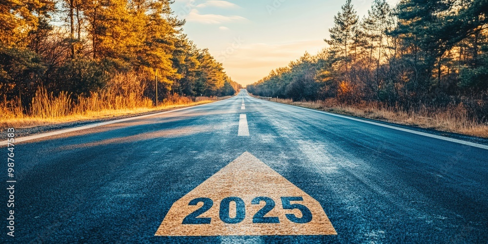 Empty highway with "2025" marking and an arrow pointing toward the ...
