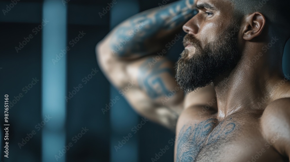 This image captures a muscular, tattooed man with a beard, flexing his ...