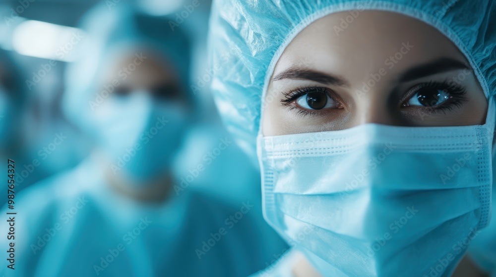 A surgeon wearing a surgical mask and cap in a hospital environment ...