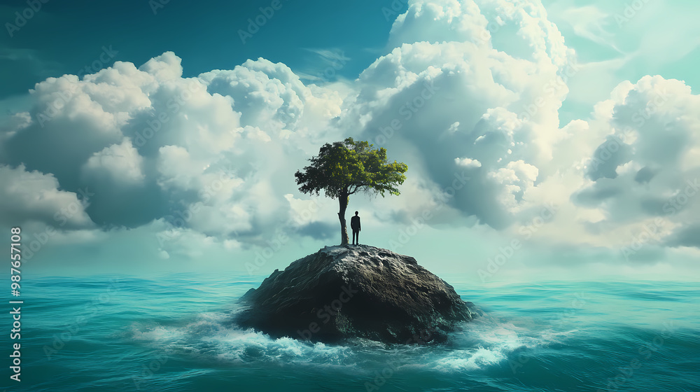 Sad businessman standing alone on tiny island in vast ocean isolation ...