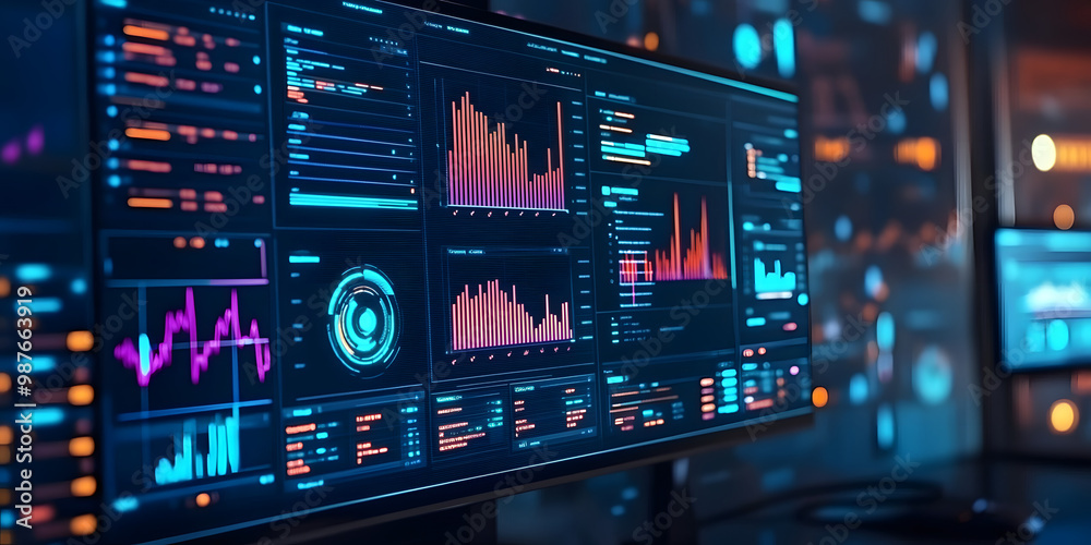 Computer monitor displaying an abstract network monitoring dashboard with real-time data ...