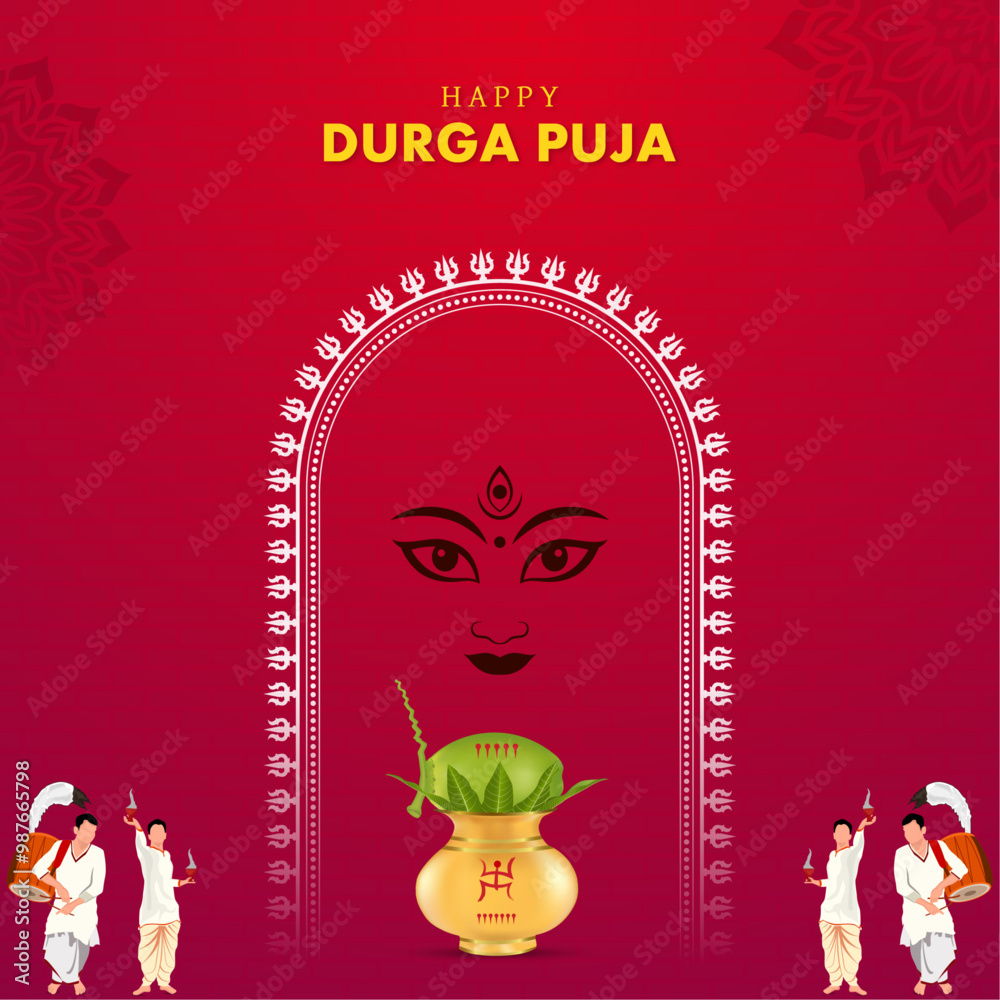 Festive Durga Puja Greeting with Traditional Elements on Vibrant Red ...