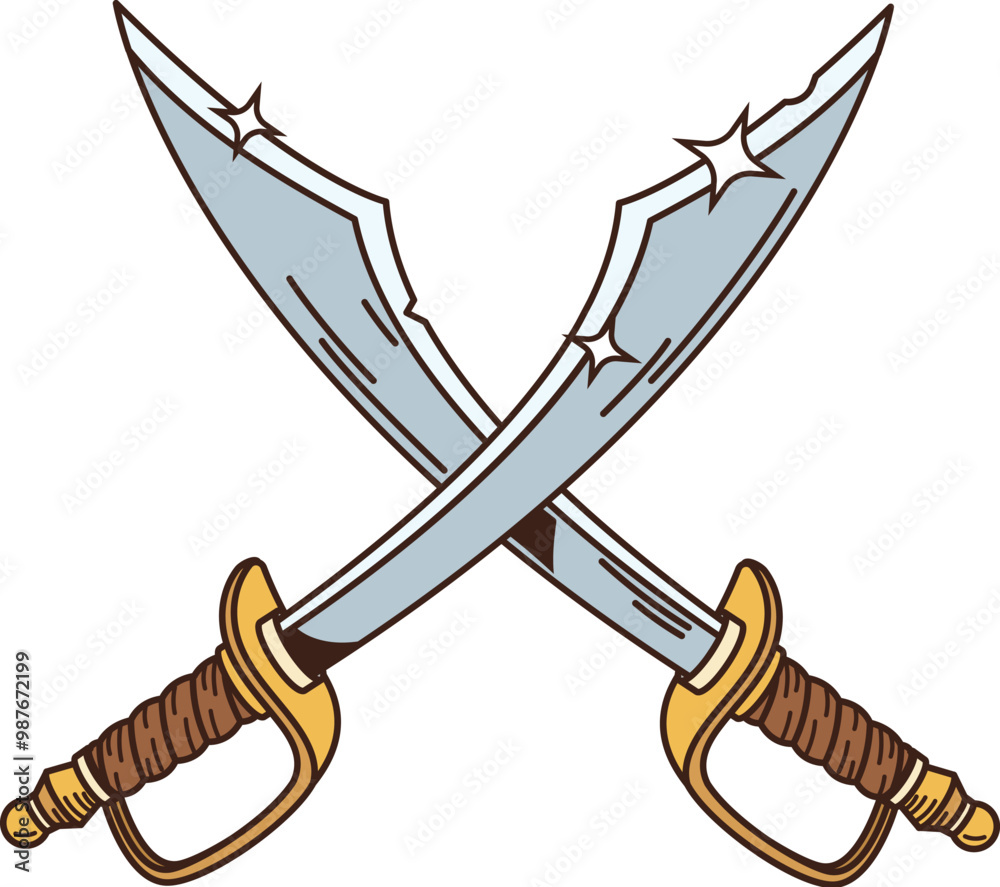 Cartoon groovy two gleaming pirate and corsair sabers with crossed ...