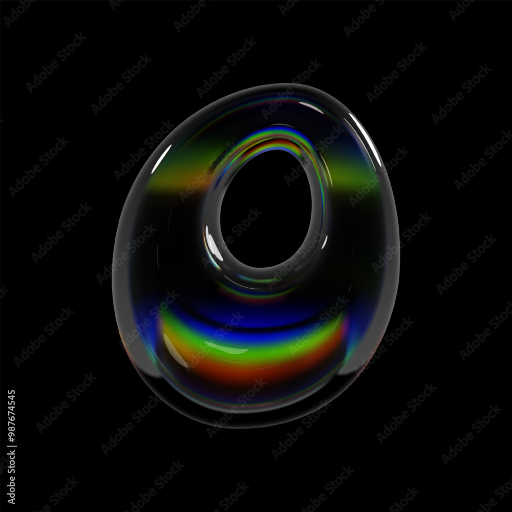 3d holographic glass letter O with glossy, shiny surface in inflated ...