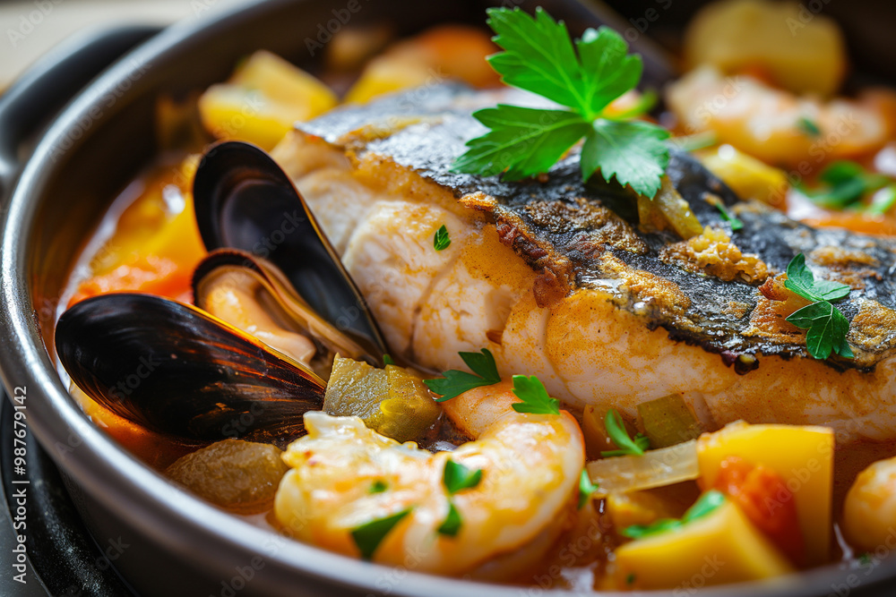Bouillabaisse seafood stew with fish, shellfish, and vegetables, rustic ...