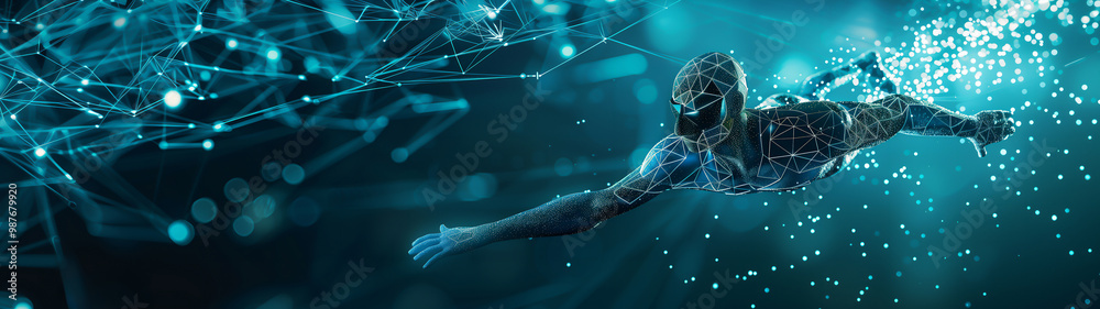 Abstract conceptual depiction of a male athlete swimmer emerging from ...