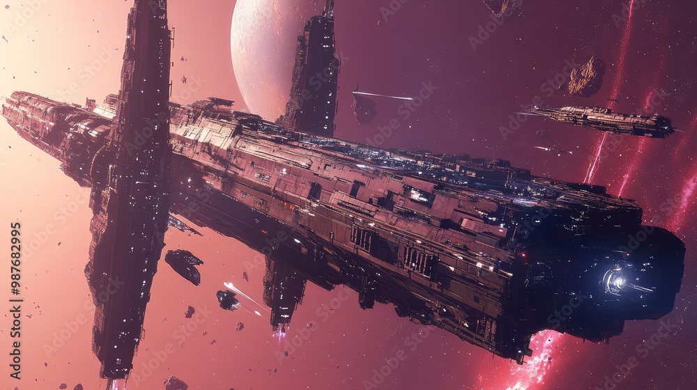 A sprawling spaceport built on the surface of a distant planet, with ...