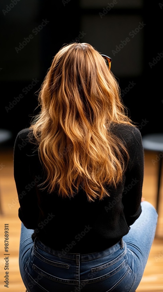 Woman with long hair, sitting, back view, in a modern setting Stock ...