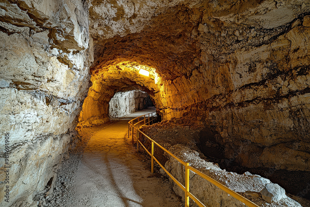 An illuminated pathway inside a naturally formed limestone cave ...