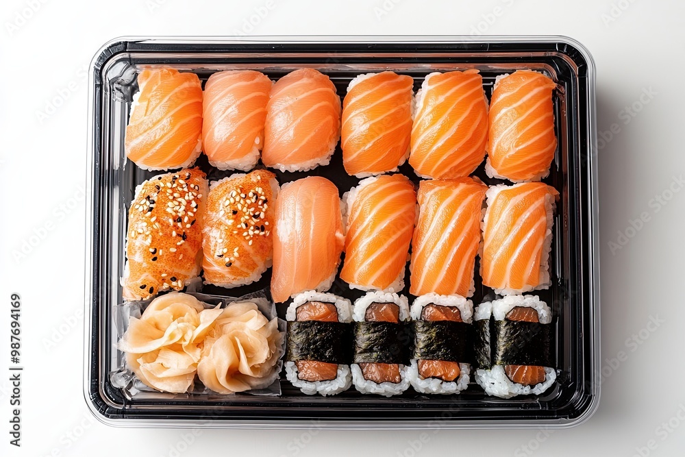 Sushi delivery box. Set menu of Japanese salmon in a black transparent ...