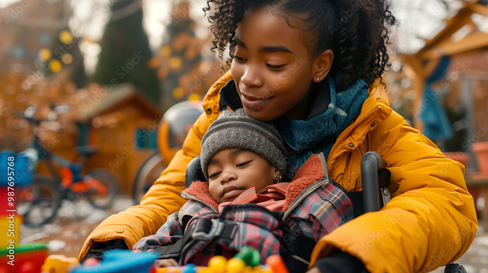 Parent and children learning through play. Disabled black child in ...