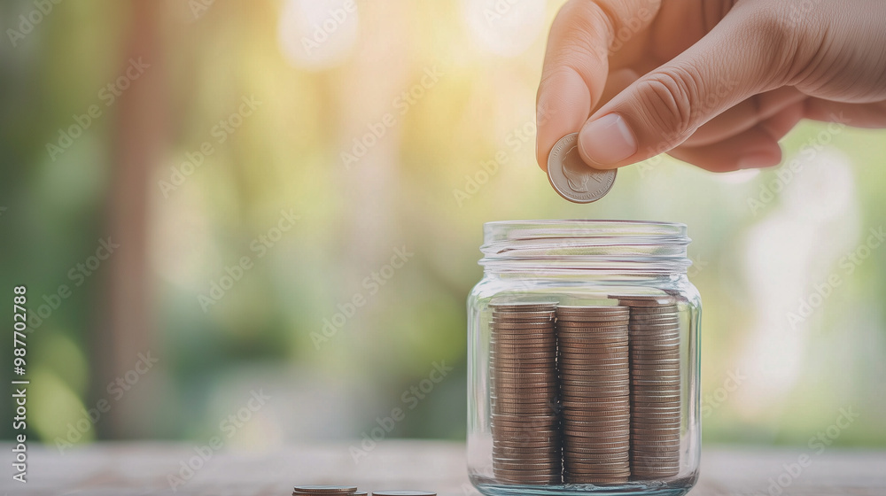 upward view of a hand dropping coins into a clear glass jar, with the ...