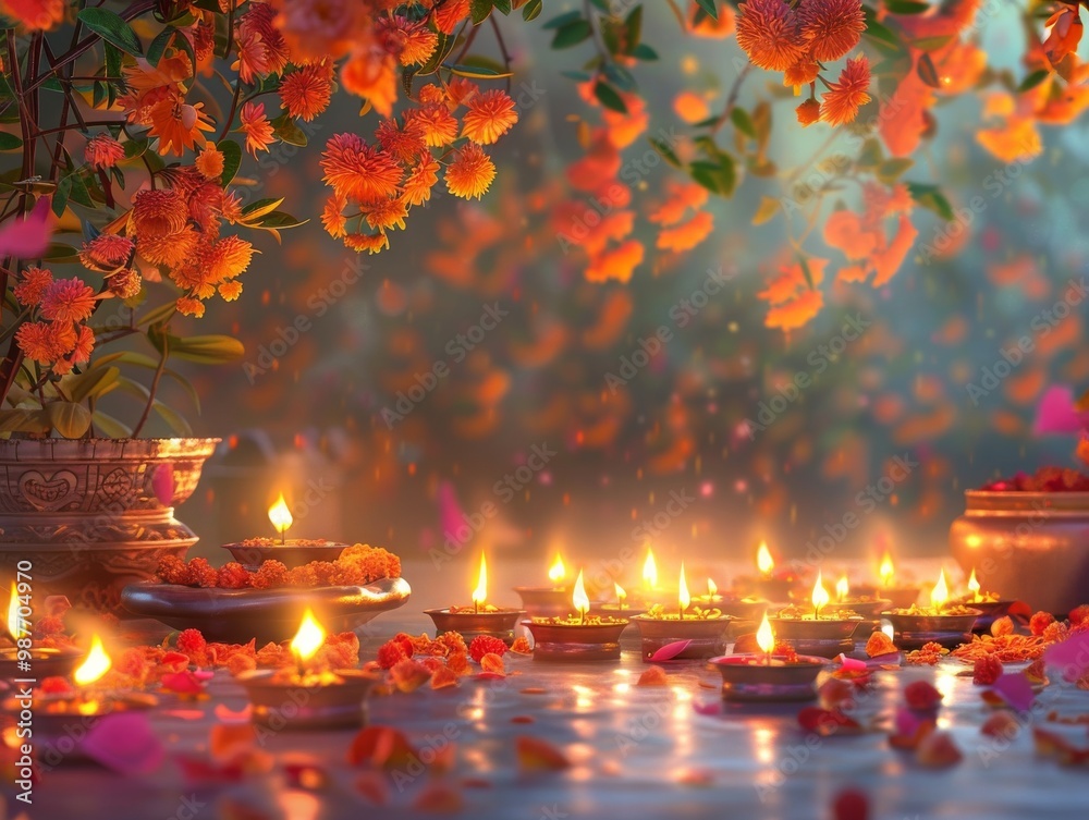 banner background of Navratri Day [A serene temple setting with a ...