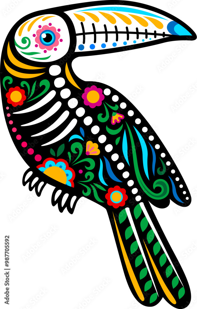 Day of the dead Mexican toucan bird animal skeleton tattoo. Isolated ...