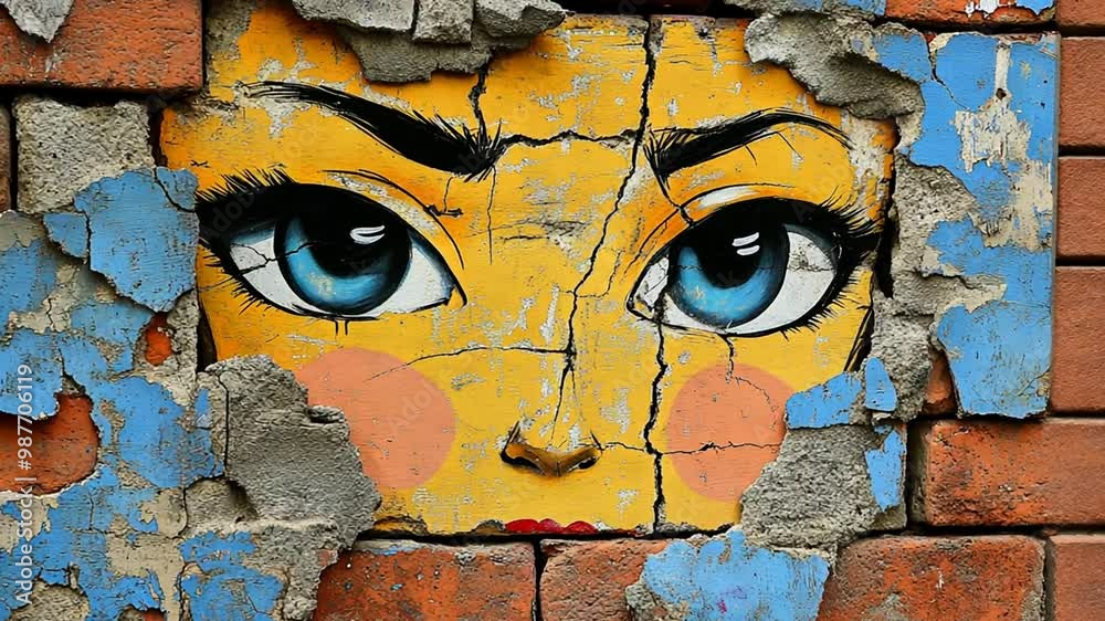 Street Art Mural Depicting a Girl's Face on a Weathered Brick Wall ...