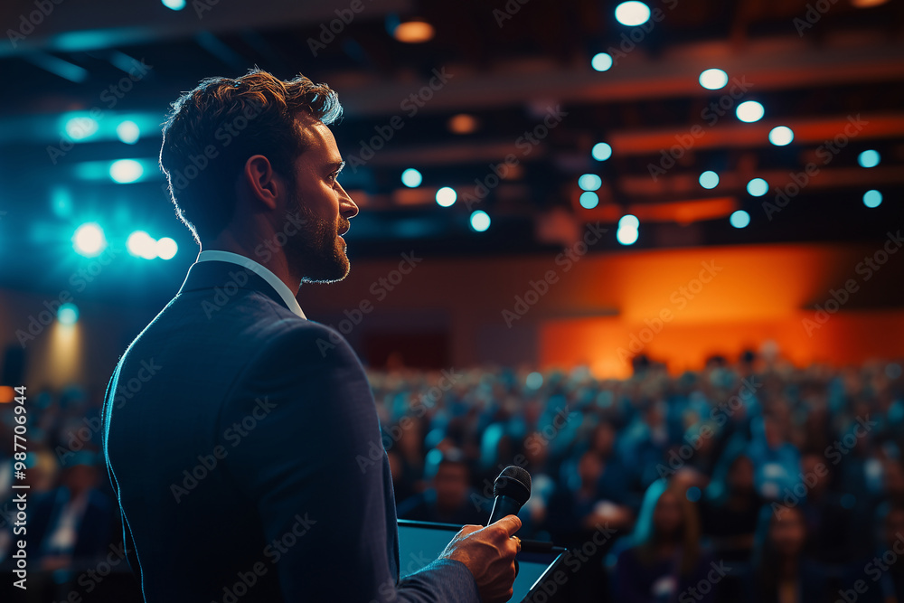 Man presenting on stage with a microphone and addressing a large ...